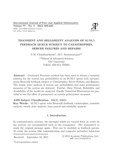Pdf Transient And Reliability Analysis Of Mm1 Feedback Queue Subject To Catastrophes Server