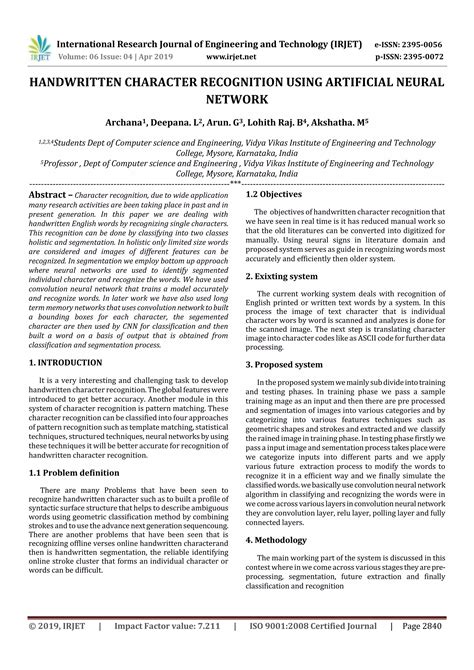 Irjet Handwritten Character Recognition Using Artificial Neural Network Pdf