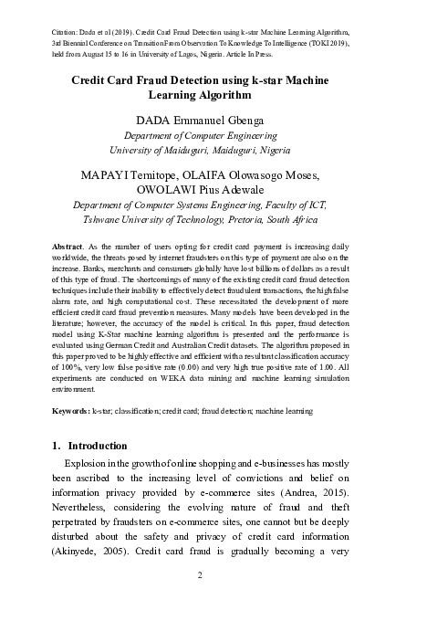 Pdf Credit Card Fraud Detection Using K Star Machine Learning Algorithm