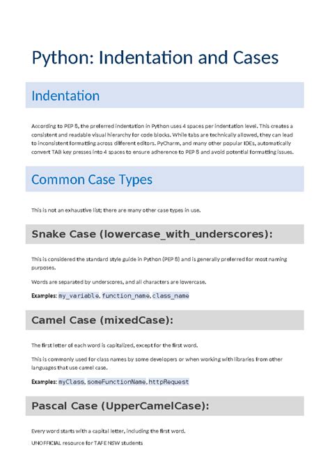 Python Tafe Nsw Indentation And Case Styles Explained Studocu