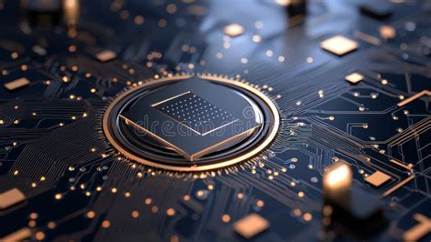Close Up Of A Computer Chip On A Circuit Board The Chip Is Surrounded By A Golden Ring And