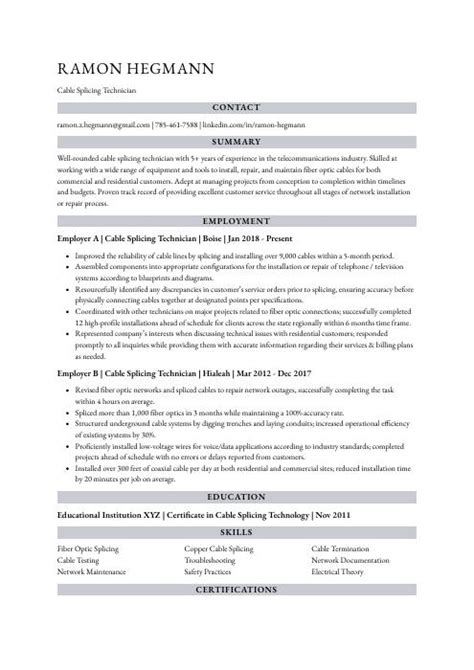 Cable Splicing Technician Resume Cv Example And Writing Guide