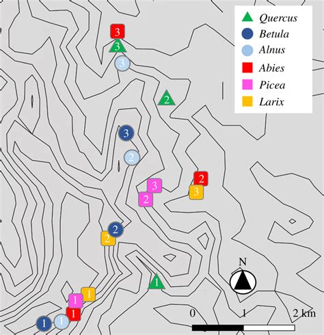 Sampling Plots Of Each Tree Species Plot Numbers In The Symbols Are Download Scientific