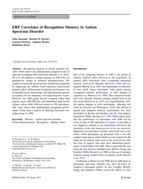 Pdf Erp Correlates Of Recognition Memory In Autism Spectrum Disorder