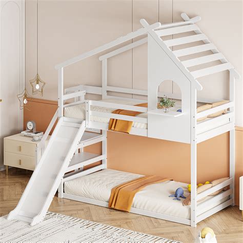 Lit superposé bas Lit enfant 90 x 200 cm avec toboggan cadre de lit superposé en bois massif