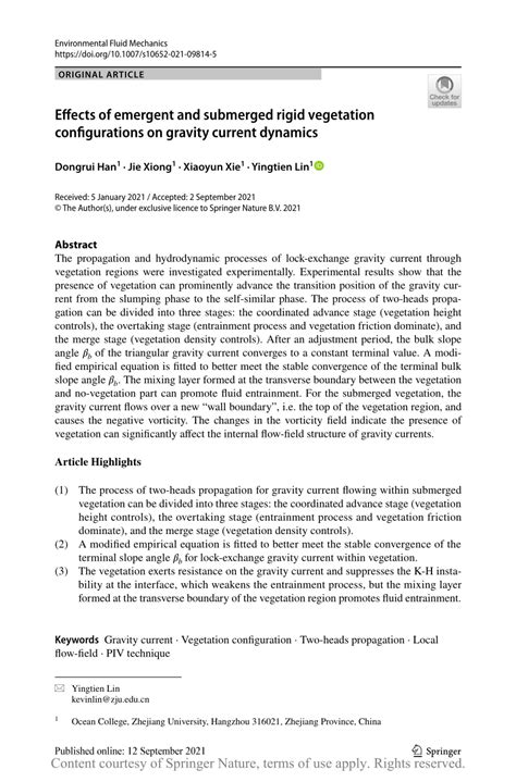 Pdf Effects Of Emergent And Submerged Rigid Vegetation Configurations On Gravity Current Dynamics