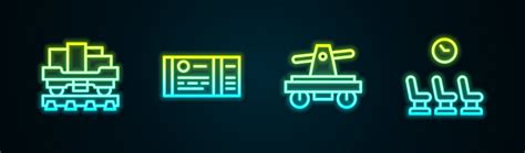 세트 라인화물 열차 마차 기차 티켓 드레이신 또는 핸드카 및 대기실 빛나는 네온 아이콘 벡터 아이콘에 대한 스톡 벡터 아트 및 기타 이미지 Istock