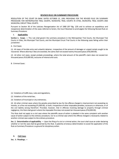 Revised Rules On Summary Procedure Pdf Complaint Lawsuit