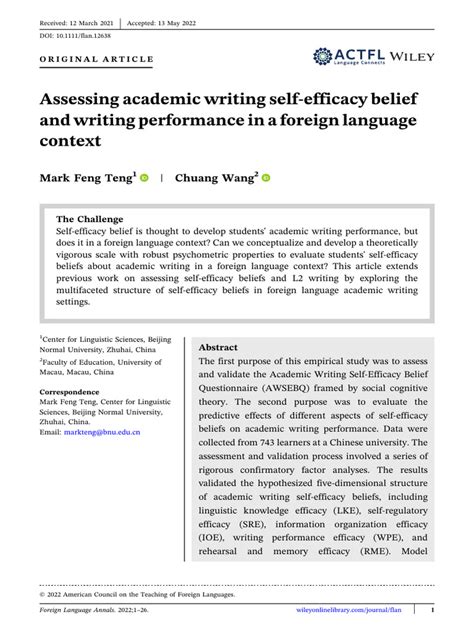 Assessing Academic Writing Self Efficacy Belief And Writing Performance