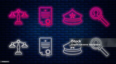 설정 라인 인증서 템플릿 바퀴달린 경찰 모자 정의의 비늘 및 검색을위한 돋보기 벽돌 벽에 빛나는 네온 아이콘입니다 벡터 검색에 대한 스톡 벡터 아트 및 기타 이미지 Istock