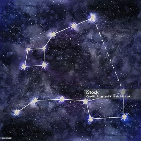 큰곰자리와 작은곰자리 큰 작은 곰자리 점성술 천문학 어두운 별이 빛나는 공간 배경에 수채화 그림을 손으로 그린다 디자인 인쇄 카드 포스터 장식용 거리에 대한 스톡 벡터 아트