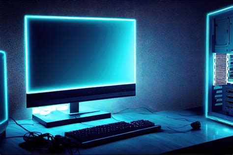 네온 조명 작업 테이블의 래스터 그림 작업 테이블 컴퓨터 모니터 와이어 파란색 네온 광선 키보드 마우스 시스템 장치 Pc 기술 개념 3d 렌더링 삽화 디자인 프리미엄 사진