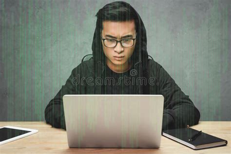 Asian Hacker In Glasses Sitting At Stock Image Image Of Wooden Wireless 246537973