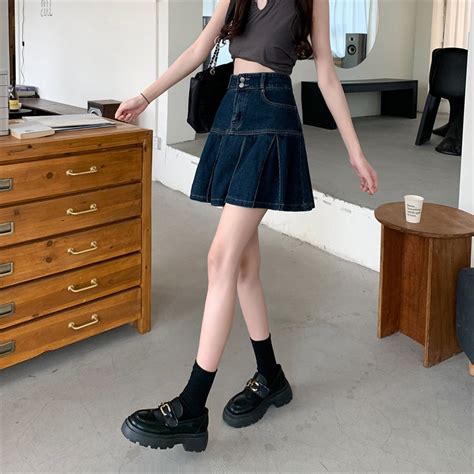 กระโปรงยีนสั้น เอวสูง ทรงเอ แต่งจับจีบ แฟชั่นฤดูร้อน สําหรับผู้หญิง Xinqida7 Th Thaipick