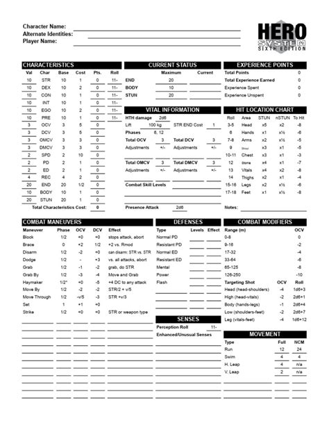 Hero 6e Character Sheet Excel Compress Pdf Role Playing Games