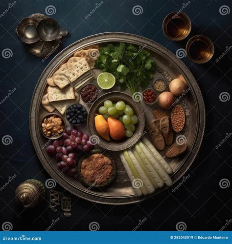 A Traditional Seder Plate With Six Symbolic Foods Used During Passover