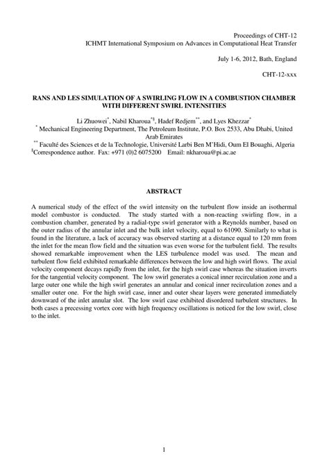 Pdf Rans And Les Simulation Of A Swirling Flow In A Combustion