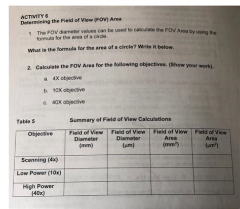 Solved Activity 6 Determining The Field Of View Fov Area
