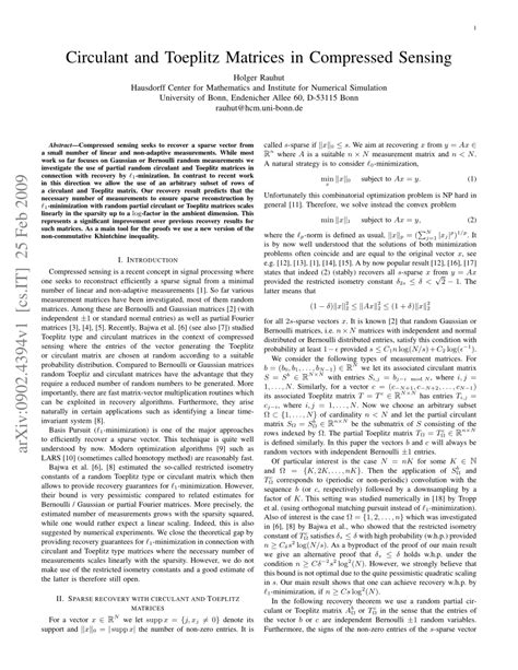 Pdf Circulant And Toeplitz Matrices In Compressed Sensing