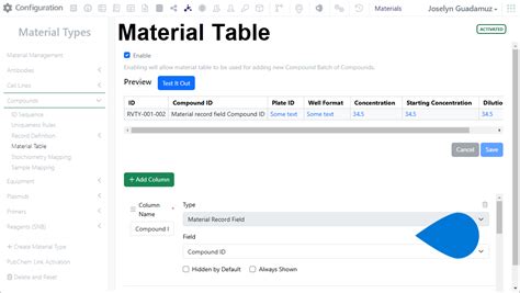 Signals Notebook Edit A Column Of A Material Table From The Signals Configuration Revvity Signals