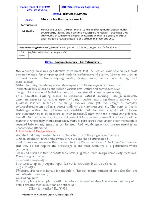 Metrics For The Design Model Department Of It Kitsw 6it1 Ay 2021 U18it607 Software