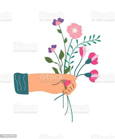 야생화의 밝은 꽃다발을 들고 있는 손 생일 결혼식 어머니의 날 봄 등을 축하하기위한 꽃꽂이 미니멀리스트 벡터 일러스트 레이 션 개화기에 대한 스톡 벡터 아트 및 기타 이미지