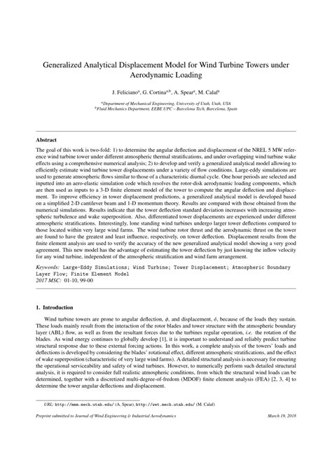 Pdf Generalized Analytical Displacement Model For Wind Turbine Towers Under Aerodynamic Loading