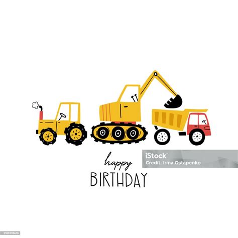 귀여운 만화 자동차 굴삭기 트랙터 생일 축하 문자를 가진 트럭과 함께 손으로 그린 생일 축하 카드 벡터 일러스트 레이 션 포스터 티셔츠 엽서에 좋습니다 아기 소년 인사말