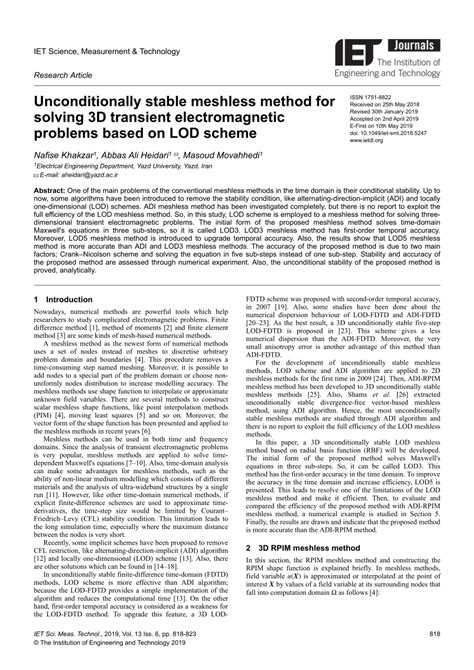 PDF An Unconditionally Stable Meshless Method For Solving D Transient Electromagnetic