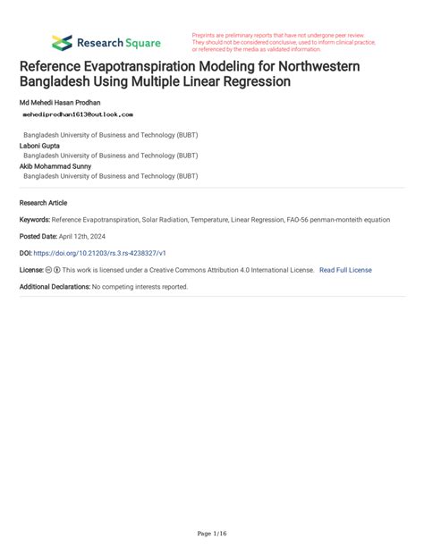 Pdf Reference Evapotranspiration Modeling For Northwestern Bangladesh Using Multiple Linear