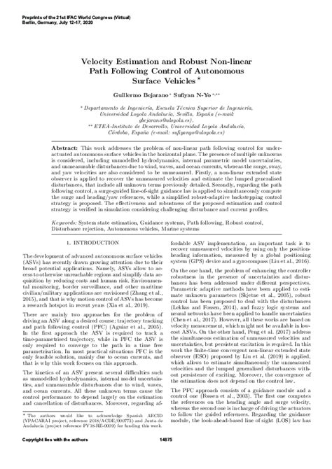 Pdf Velocity Estimation And Robust Non Linear Path Following Control Of Autonomous Surface