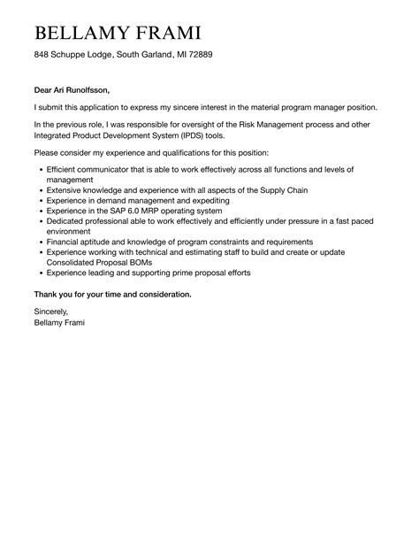 Material Program Manager Cover Letter Velvet Jobs