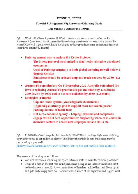 Tutorial 8 Answer And Marking Guide Econ1101 S2 2023 Tutorial 8