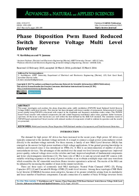 Pdf Phase Disposition Pwm Based Reduced Switch Reverse Voltage Multi Level Inverter