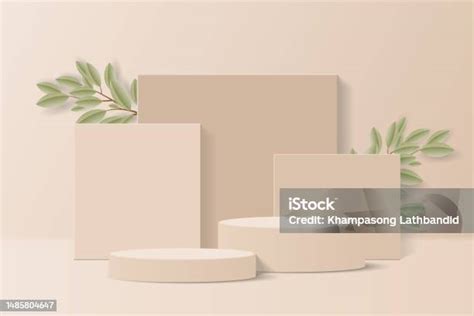 베이지 색 또는 갈색 파스텔 색상의 스튜디오 룸에서 최소한의 장면 직사각형 모양 겹침 나뭇가지 잎이 있는 현실적인 3d 갈색 실린더 연단 받침대 제품 디스플레이 프리젠