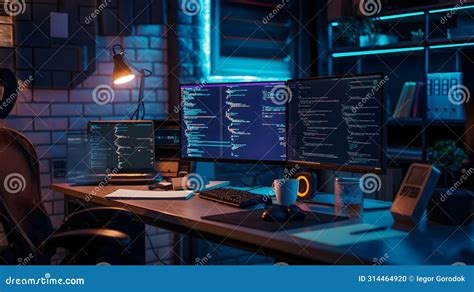 moody and modern ai developer s workspace with ambient lighting stock
