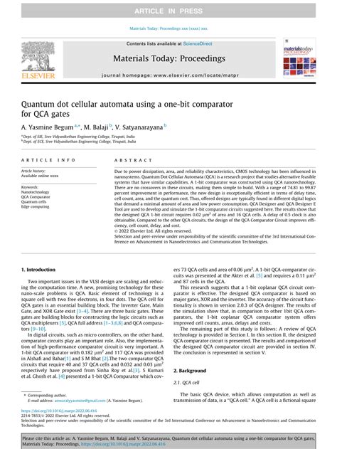 Pdf Quantum Dot Cellular Automata Using A One Bit Comparator For Qca