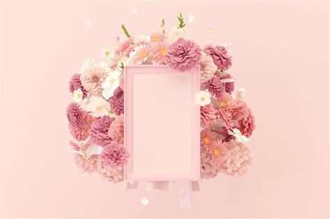 3d 포스터 디스플레이 꽃과 액자가 있는 파스텔 핑크 배경 프리미엄 사진