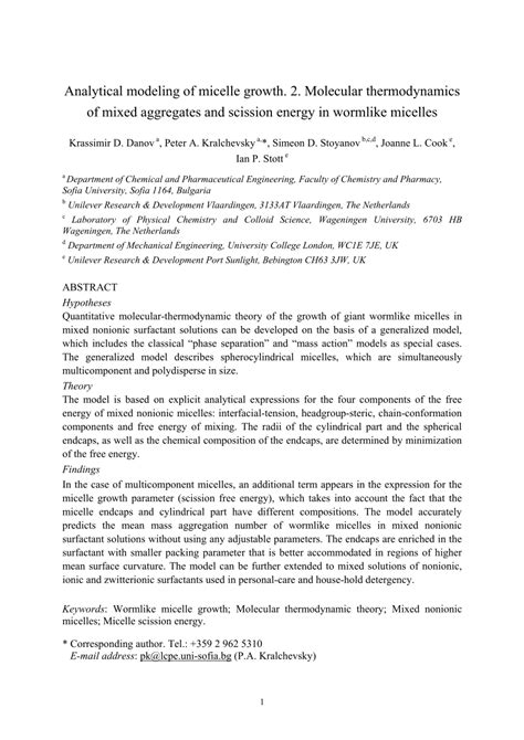 Pdf Analytical Modeling Of Micelle Growth 2 Molecular Thermodynamics Of Mixed Aggregates And