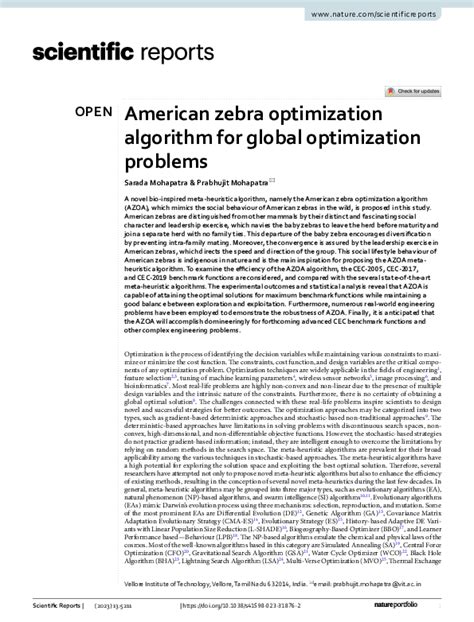 Pdf American Zebra Optimization Algorithm For Global Optimization Problems