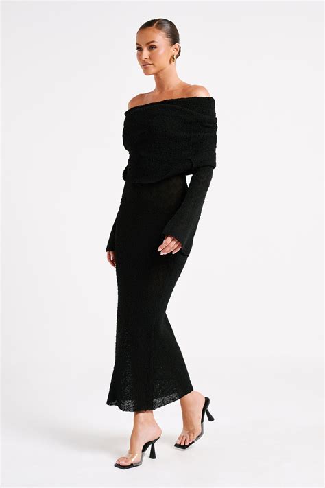 Marisol Off Shoulder Boucle Maxi Dress Black Meshki Us