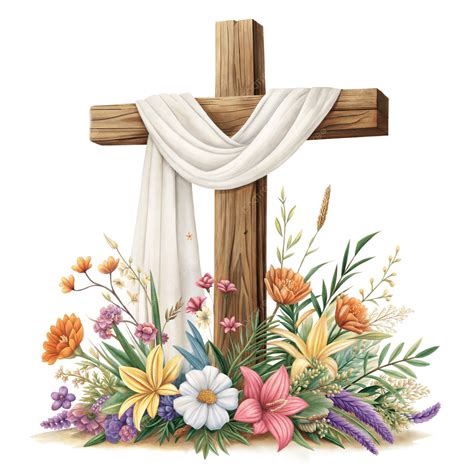 Wooden Cross With White Cloth And Flowers Illustration Easter Cross