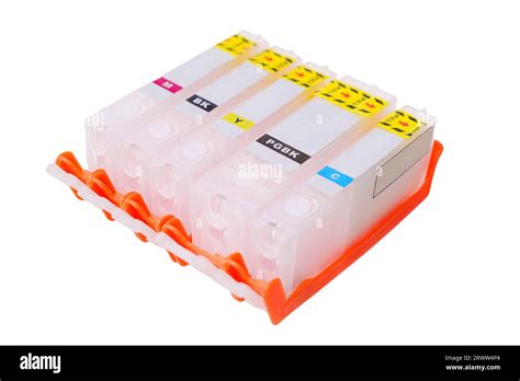Set Of Refillable Ink Cartridges Isolated On White Background Printing Cost Reduction Concept