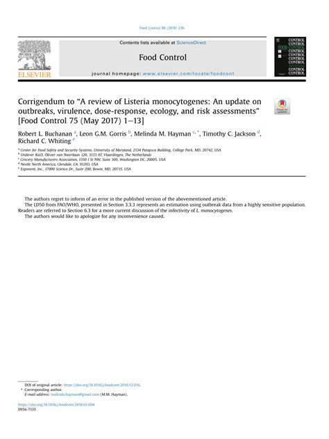 Pdf Corrigendum To “a Review Of Listeria Monocytogenes An Update On Outbreaks Virulence