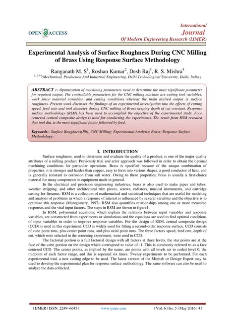 Pdf Experimental Analysis Of Surface Roughness During Cnc Milling Of Brass Using Response