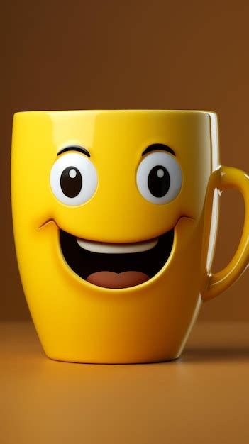 Premium Ai Image Smiling Java Cup Character Shines On Yellow A Cute Face With Copy Space