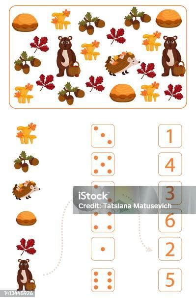 가을의 주제에 대한 수학과 수리를 가르치기위한 워크 시트 숫자와 계산을 공부하는 미취학 아동 및 유치원 어린이를 위해 벡터