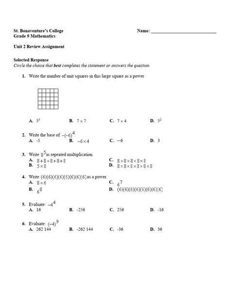 Grade 9 Math Unit 2 Review Assignment Download Free Pdf Applied