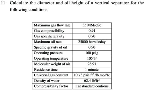 11 Calculate The Diameter And Oil Height Of A Vertical Separator For The Following Conditions