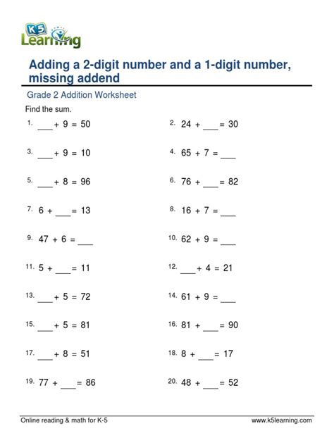 Grade 2 Add 2 Digit Plus 1 Digit Missing Addend C Pdf